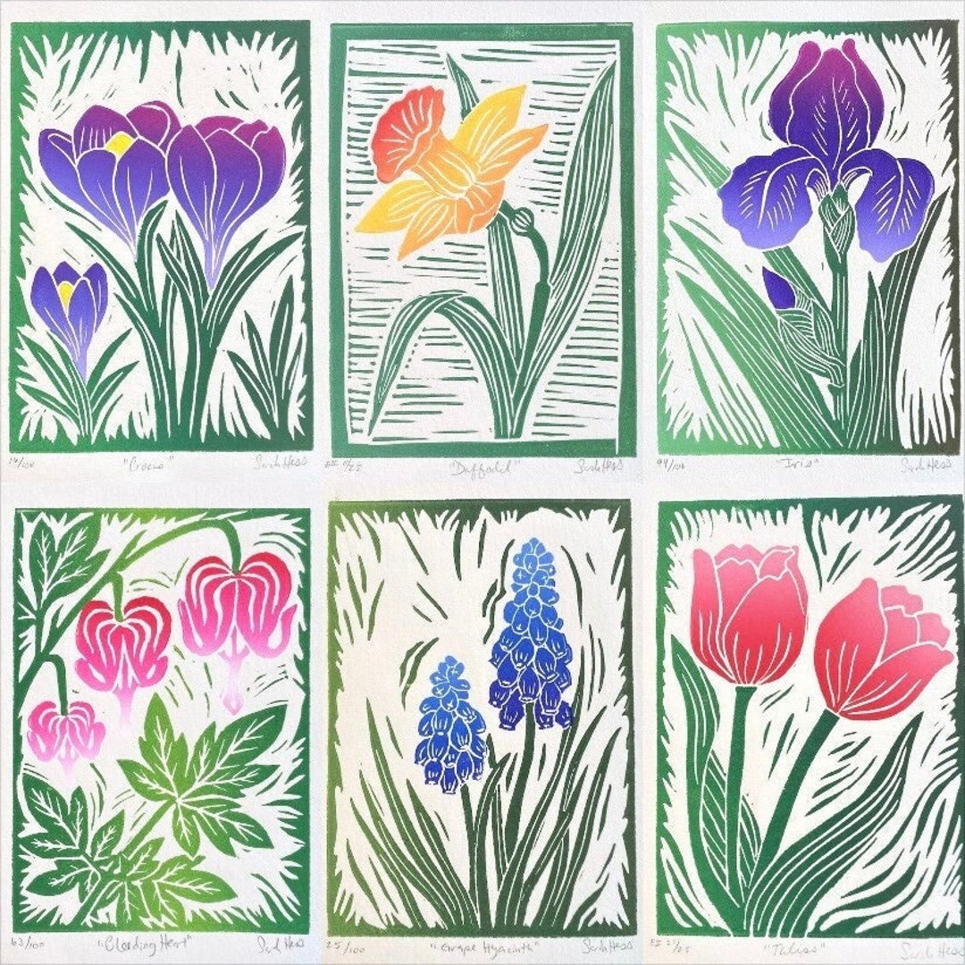 Spring Flower Series - Set of 6 Handmade Block Prints - Flower Art ...