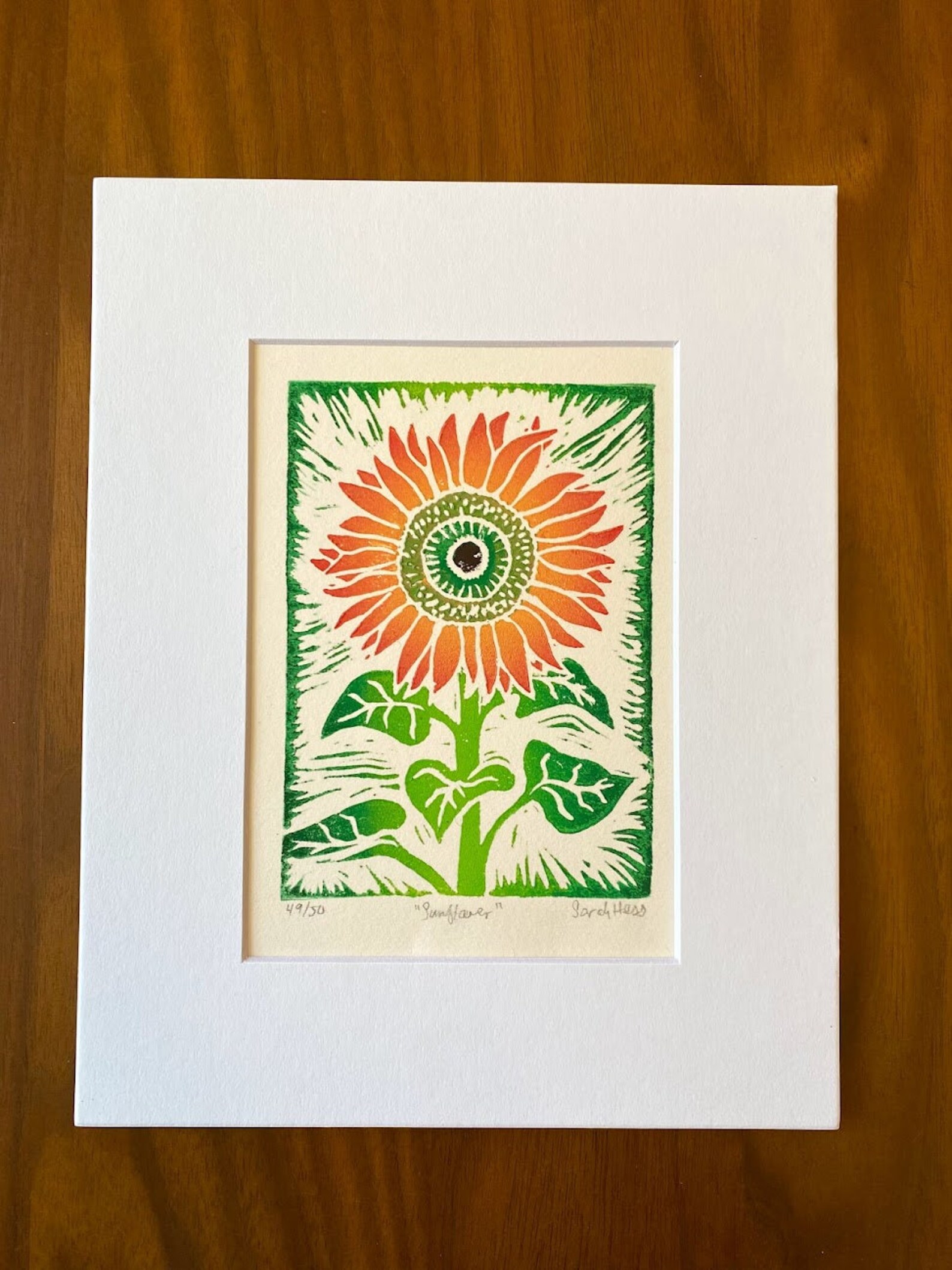 Sunflower Block Print With Mat Linocut Floral Art | Etsy