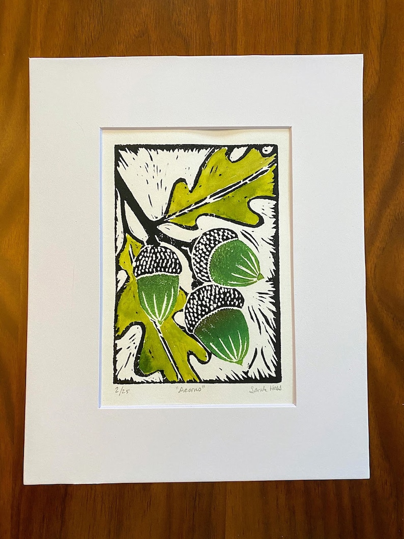 Acorns Block Print Linocut Botanical Print Matted Art - Etsy