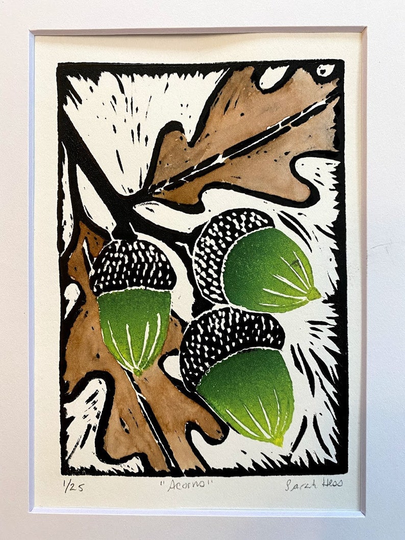 Acorns - Block Print - Linocut - Botanical Print - Matted Art- Colorful ...
