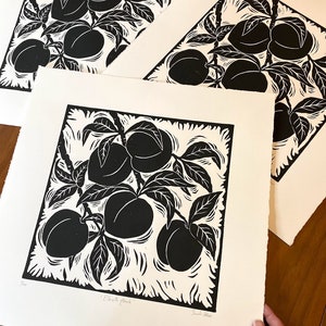 Elberta Peach Block Print - Fruit Linocut - Black and White Print - Etsy