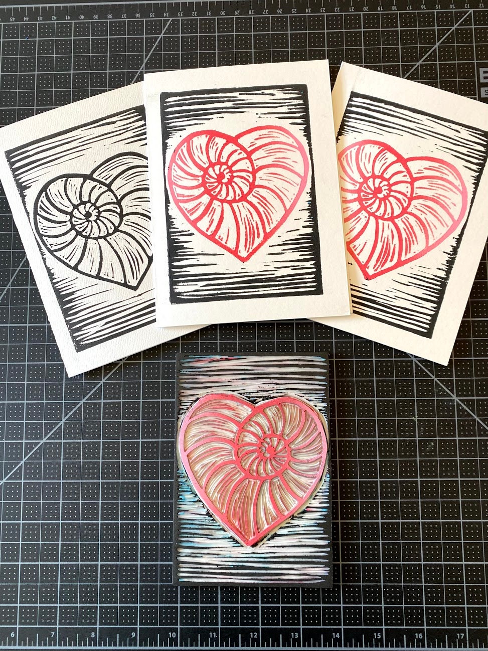 Nautilus Heart Block Print Heart Linocut Heart Rainbow | Etsy