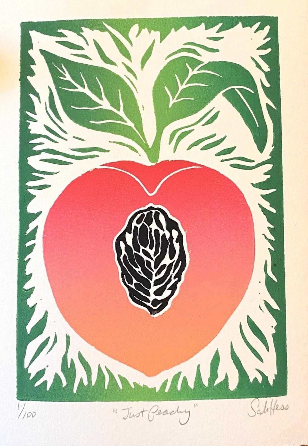 Peach Block Print - Linocut Art - Fruit Print - Peaches - Etsy
