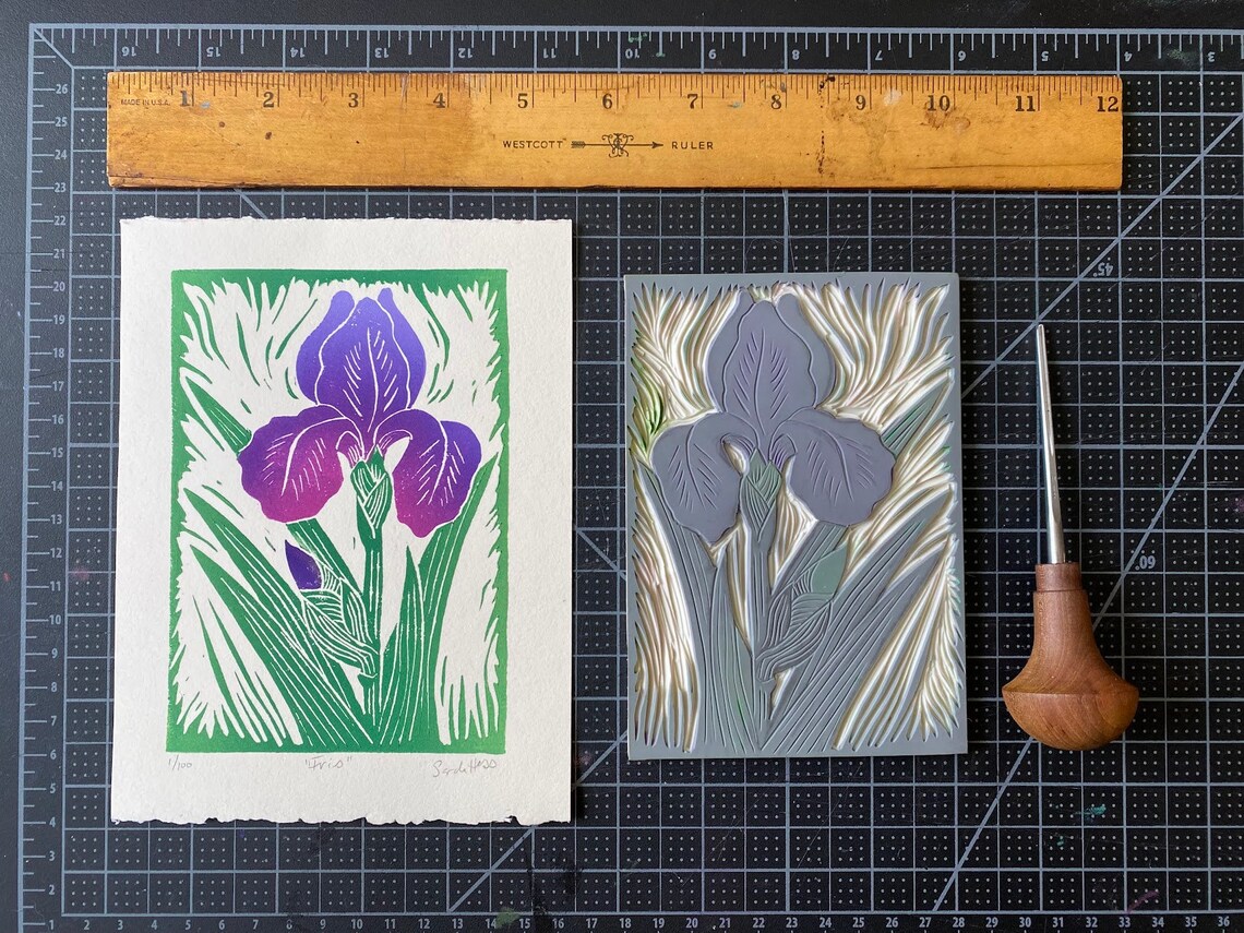 Iris Linocut Print Iris Flower Purple Flower Block Print | Etsy