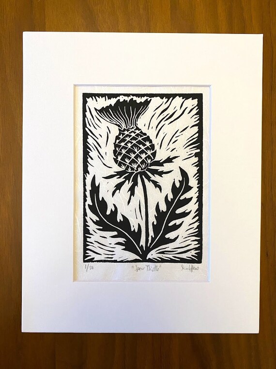 Spear Thistle Linocut Block Print Wild Flower Black and | Etsy