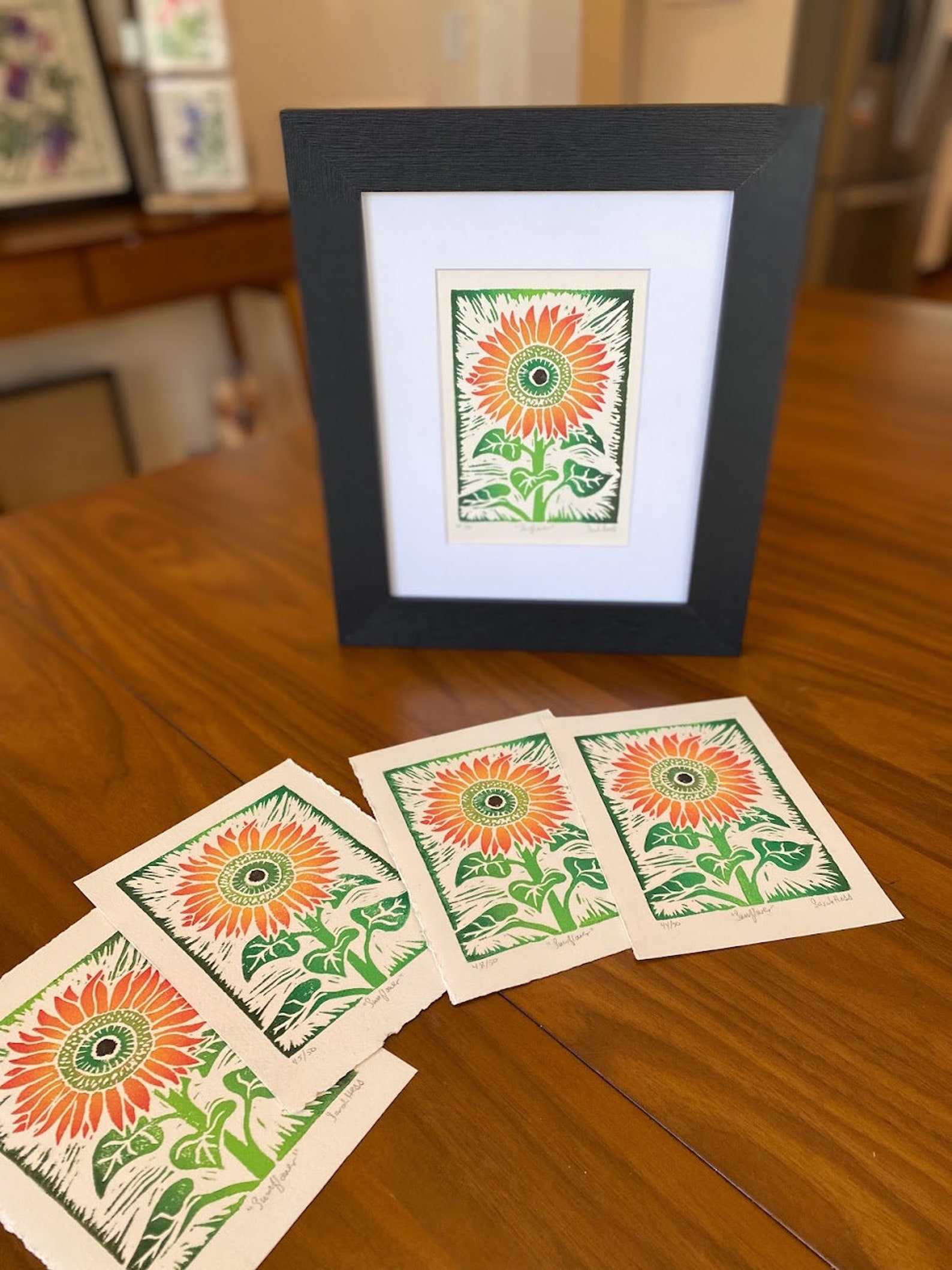 Sunflower Block Print With Mat Linocut Floral Art | Etsy