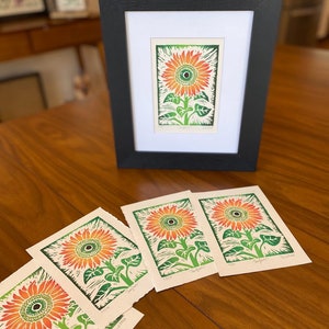 Sunflower - Block Print With Mat - Linocut - Floral Art - Botanical ...