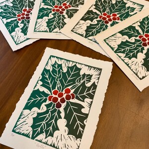 Holly Block Print - Color Linocut - Holiday Art - Holly Print - Holiday ...