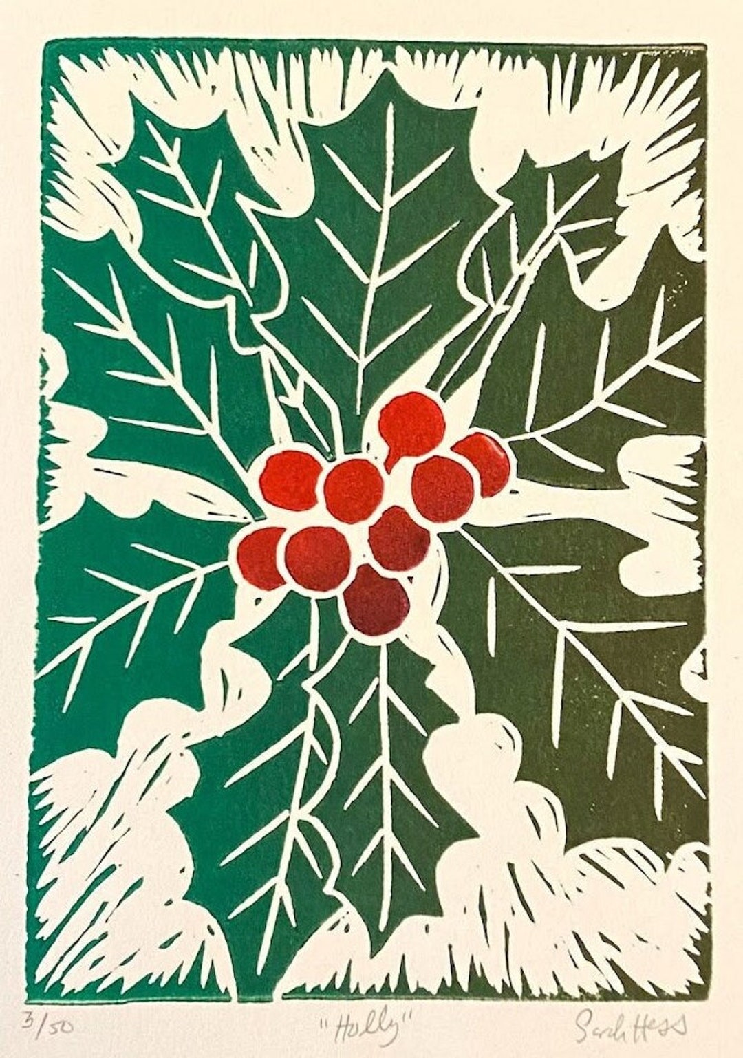 Holly Block Print - Color Linocut - Holiday Art - Holly Print - Holiday ...
