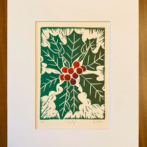 Holly Block Print - Color Linocut - Holiday Art - Holly Print - Holiday ...