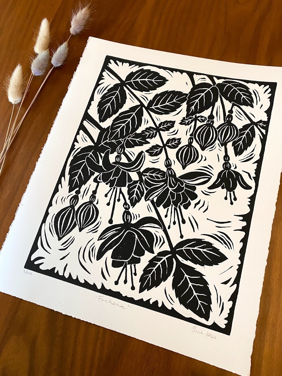 Fuchsia Flower Block Print: Black & White Linocut Art - Etsy