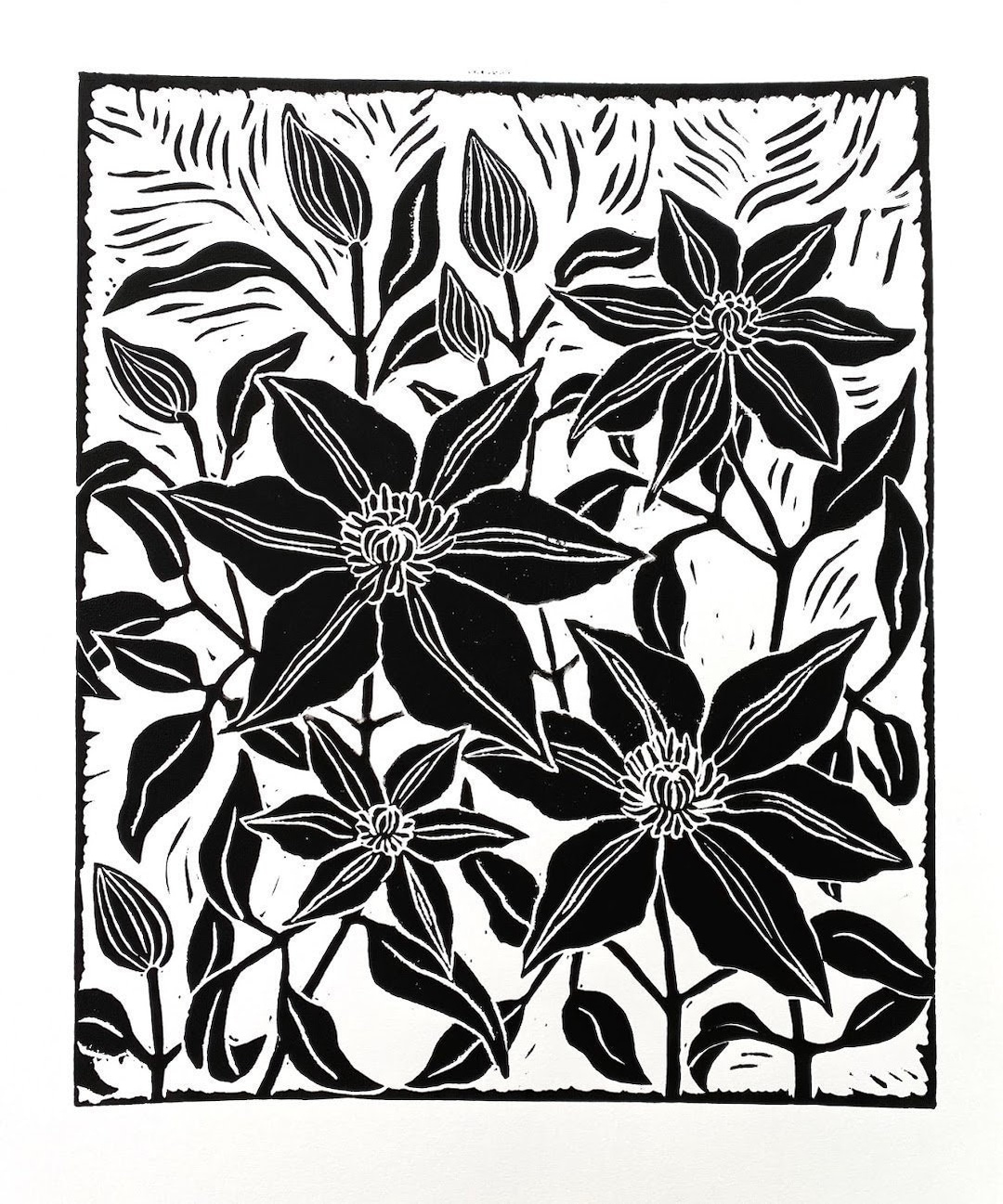 Large Linocut Print - Clematis in June - Handmade Block Print - Black ...