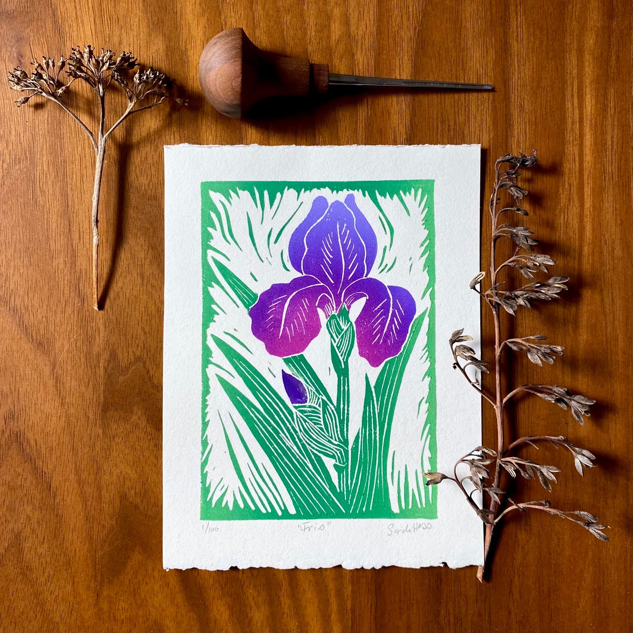 Iris Linocut Print Iris Flower Purple Flower Block Print - Etsy