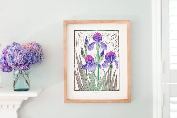 Iris Linocut Print Large Block Print Purple Iris - Etsy