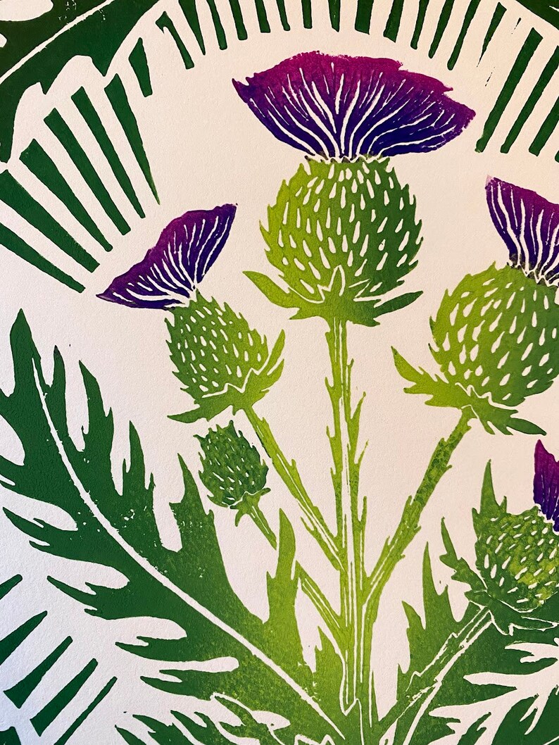 Linocut Print Scotch Thistle Wildflower Art Multi Color - Etsy