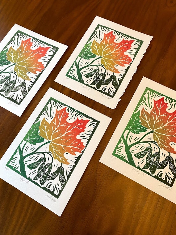 Art & Collectibles Prints Wood & Linocut Prints Maple leaf block print ...