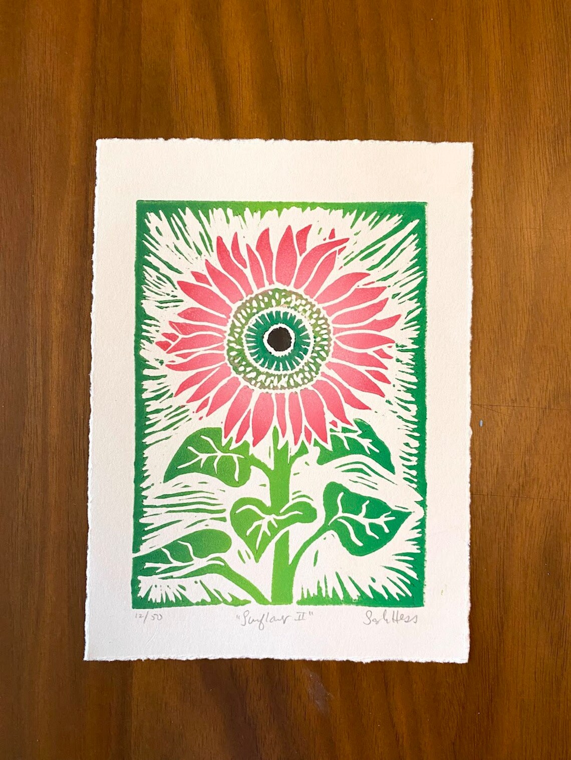 Sunflower in Pink - Linocut Print - Block Print - Etsy