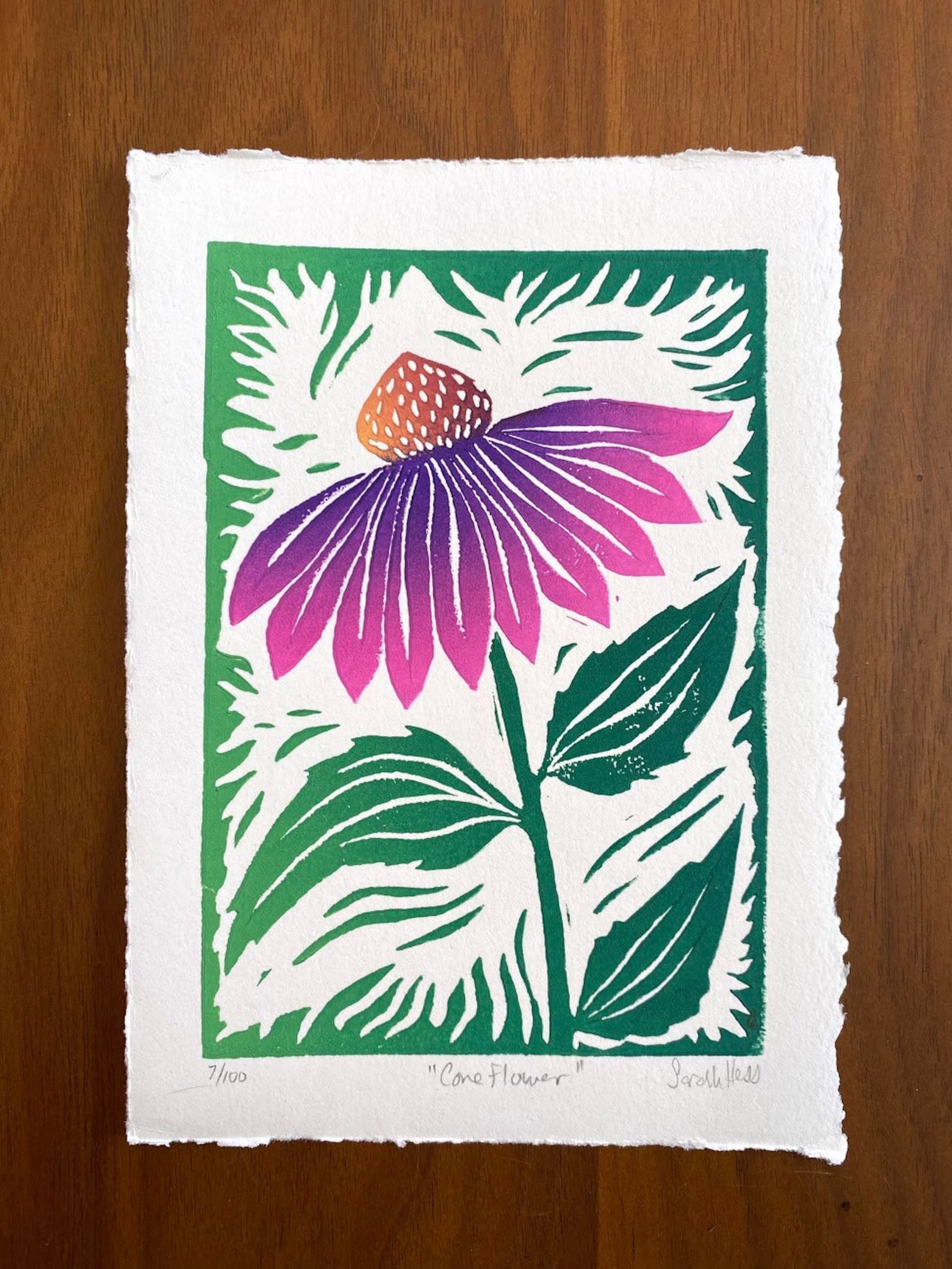Cone Flower - Block Print - Colorful Linocut Print - Etsy