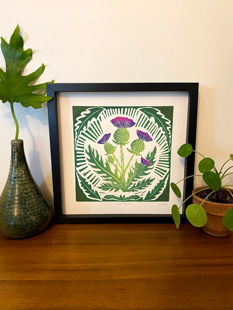 Linocut Print Scotch Thistle Wildflower Art Multi Color - Etsy