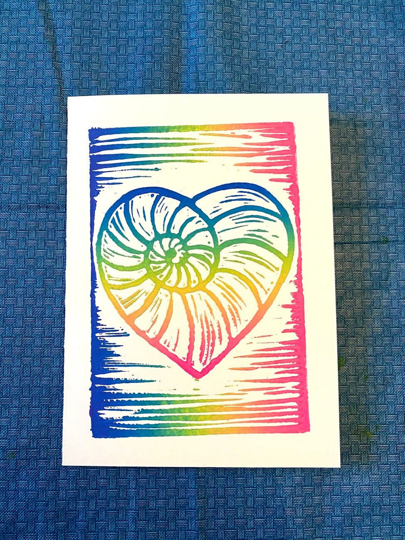 Nautilus Heart Block Print Heart Linocut Heart Rainbow | Etsy