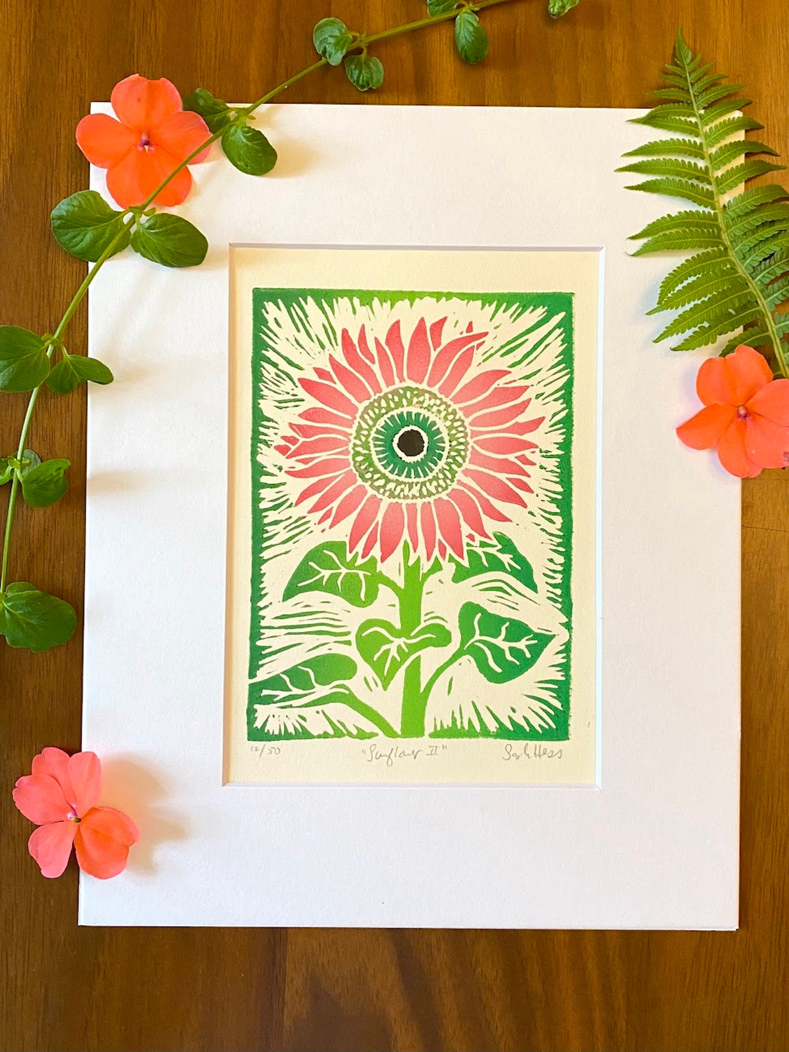 Sunflower in Pink - Linocut Print - Block Print - Etsy