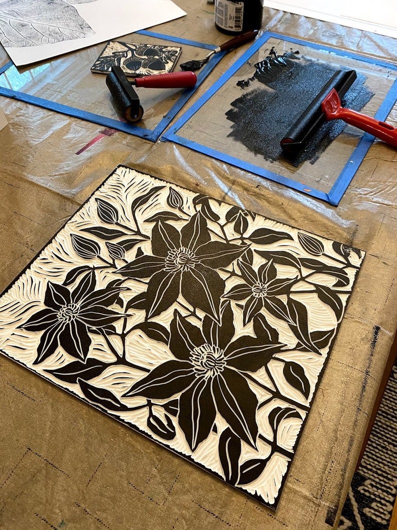 Large Linocut Print Clematis in June Handmade Block Print - Etsy