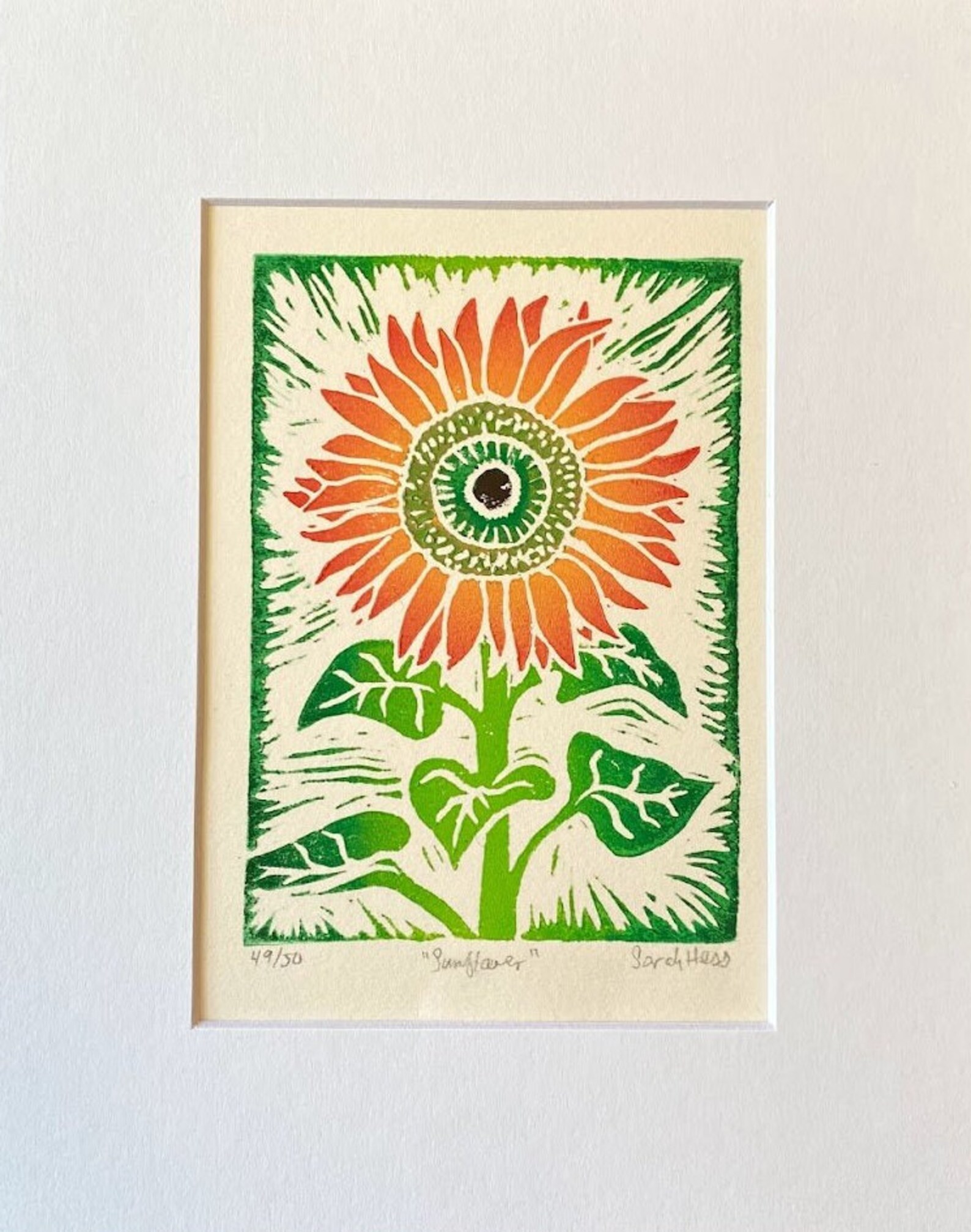Sunflower - Block Print With Mat - Linocut - Floral Art - Botanical ...