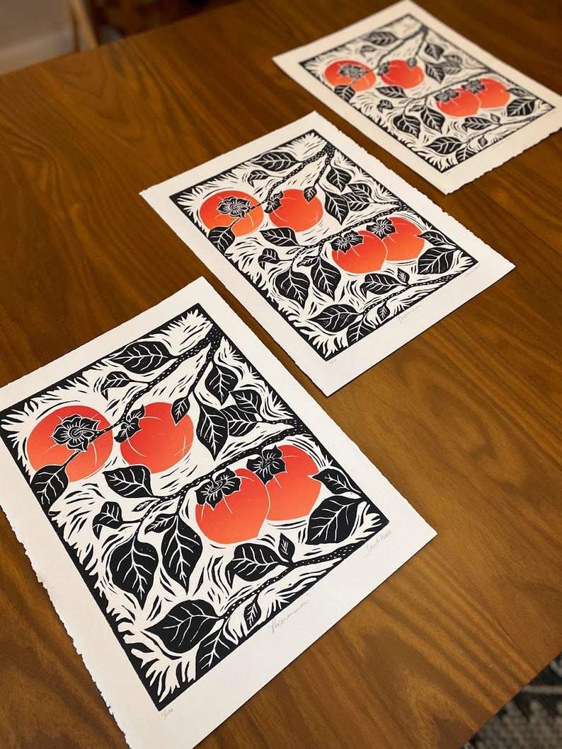 Persimmon Linocut Print Colorful Fruit | Etsy