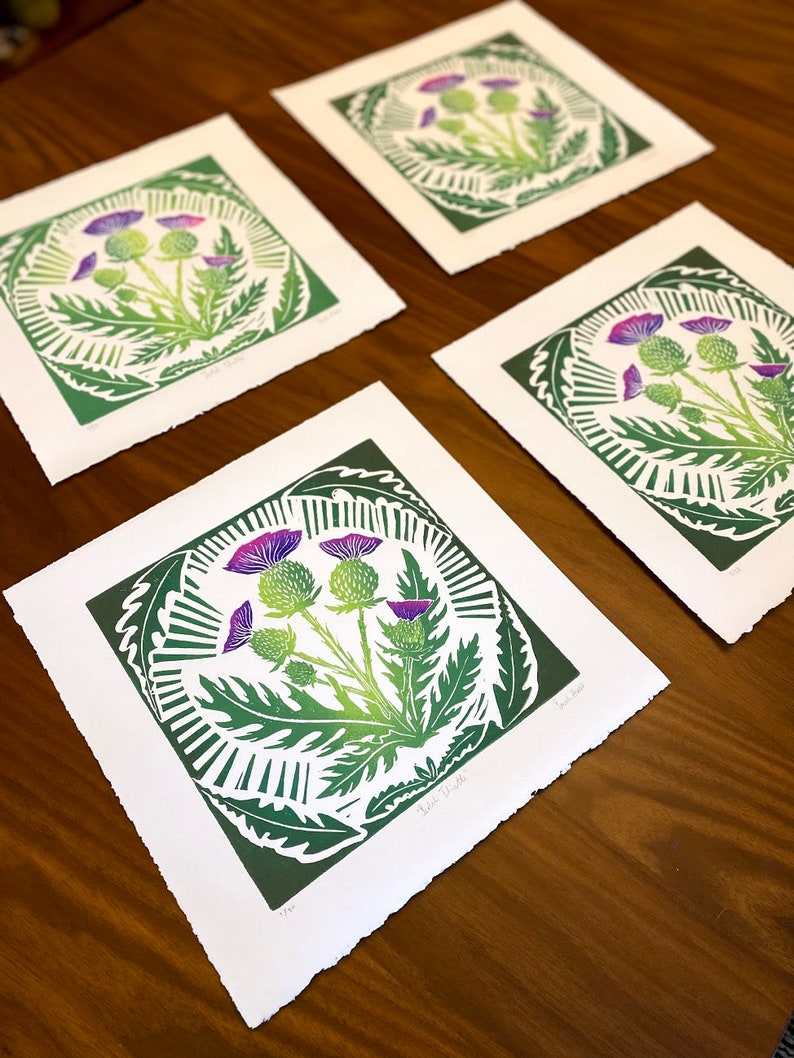Linocut Print Scotch Thistle Wildflower Art Multi Color - Etsy