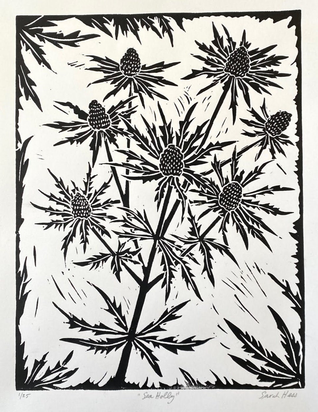 Linocut Print - Sea Holly Block Print - Thistle Art - - Botanical Art ...