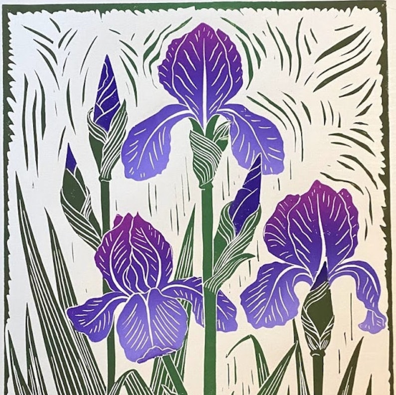 Iris Linocut Print Large Block Print Purple Iris - Etsy