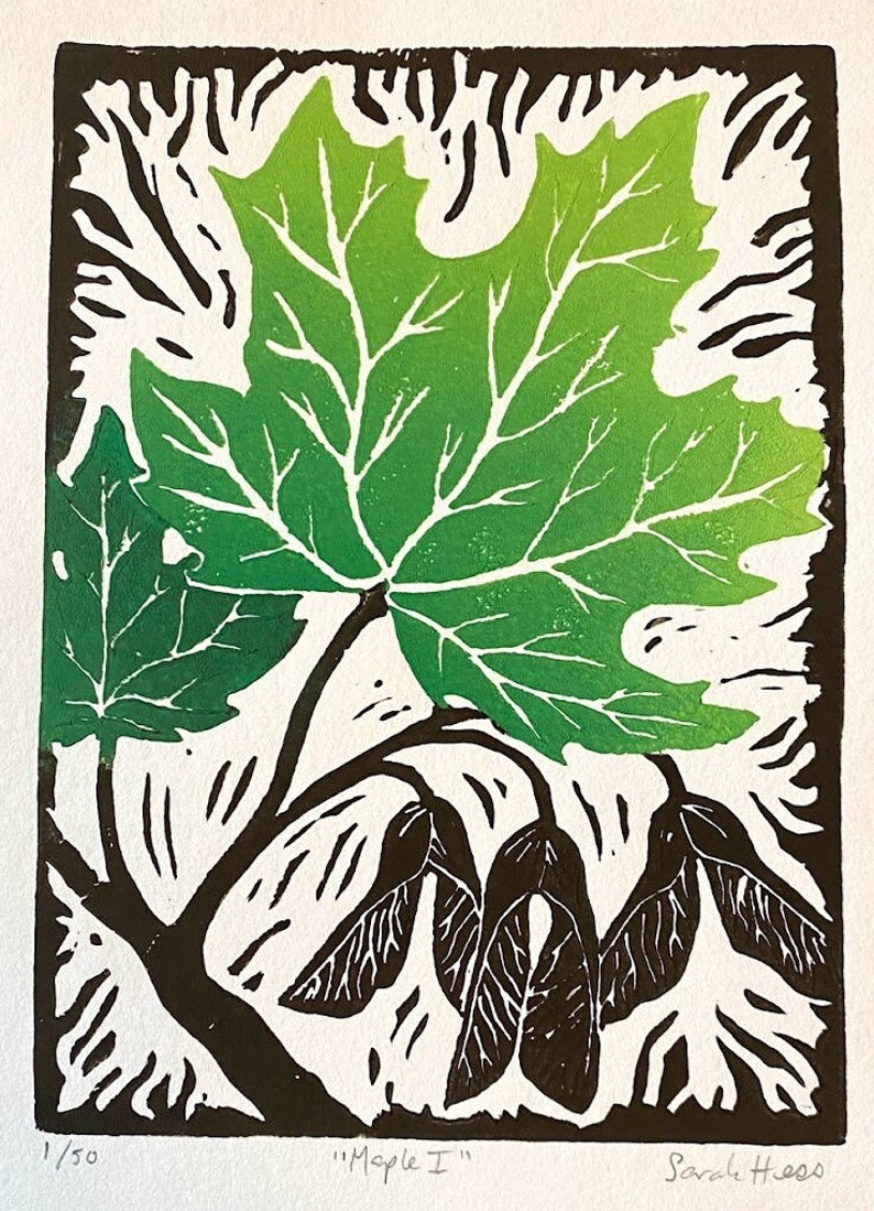 Green Maple Leaf Block Print - Linocut Art - Fall Leaves - Etsy