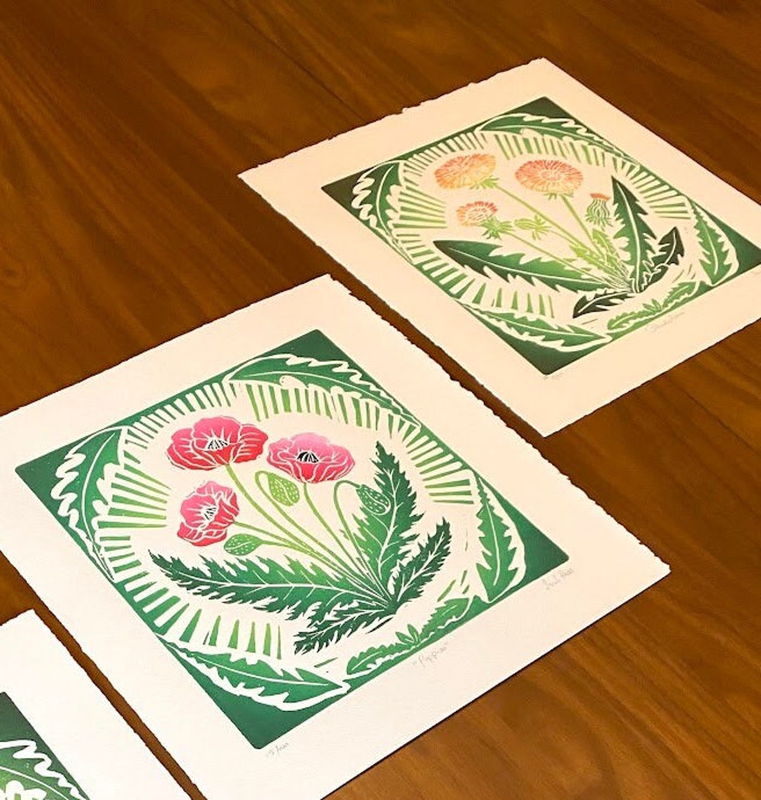 Set of 2 Block Prints - Wildflowers - Linocut Prints - Dandelions and ...
