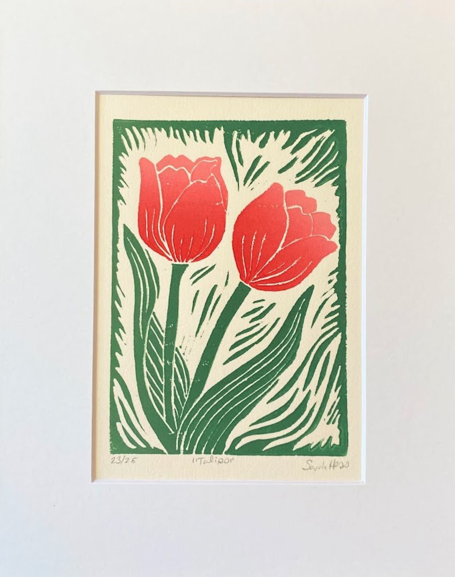Tulips Block Print Floral Linocut Print Spring Flowers | Etsy