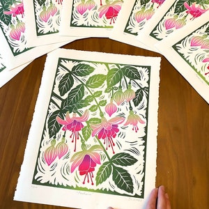 Fuchsia Block Print - Colorful Flower Linocut - Floral Block Print - Etsy