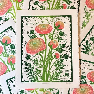 Ranunculus Flower Block Print - Linocut Print - Etsy