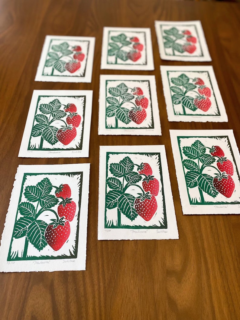 Strawberries Block Print Colorful Linocut Print - Etsy