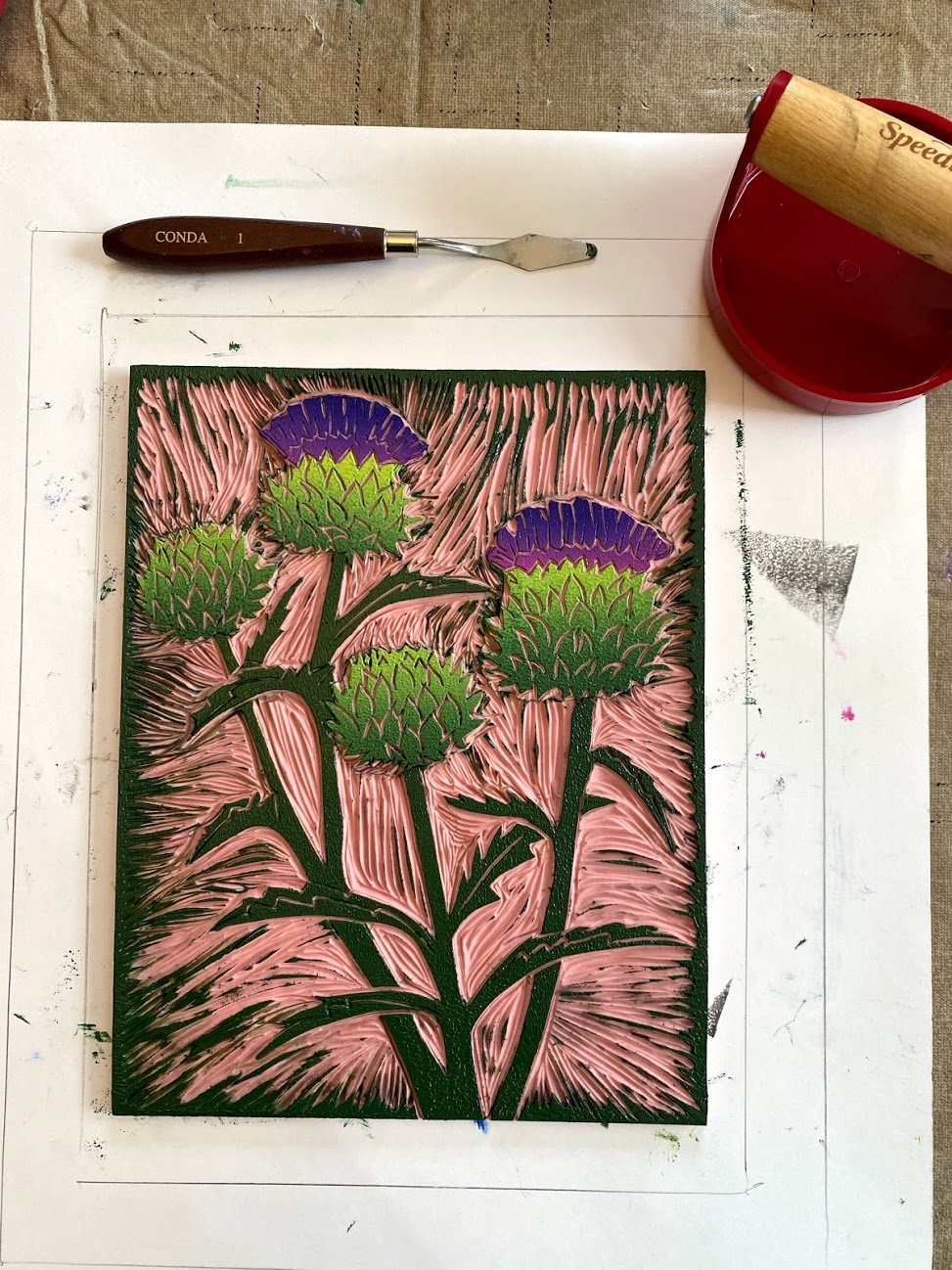 Ireland Thistle Block Print With Mat Botanical Print | Etsy