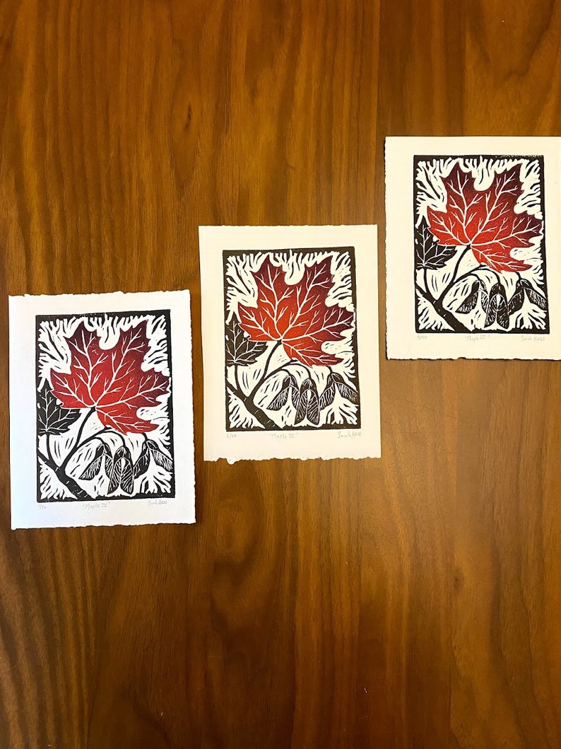 Red Maple Leaf Block Print - Linocut Art - Fall Leaves - Etsy