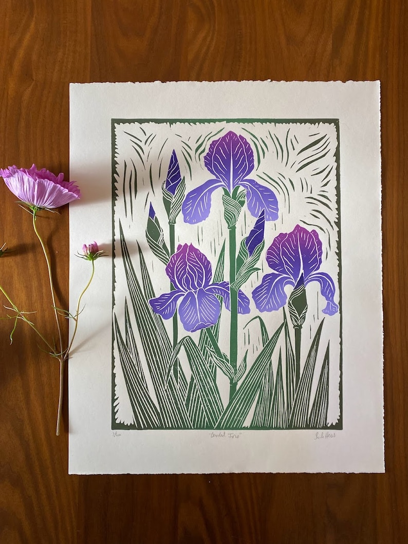Iris Linocut Print Large Block Print Purple Iris - Etsy