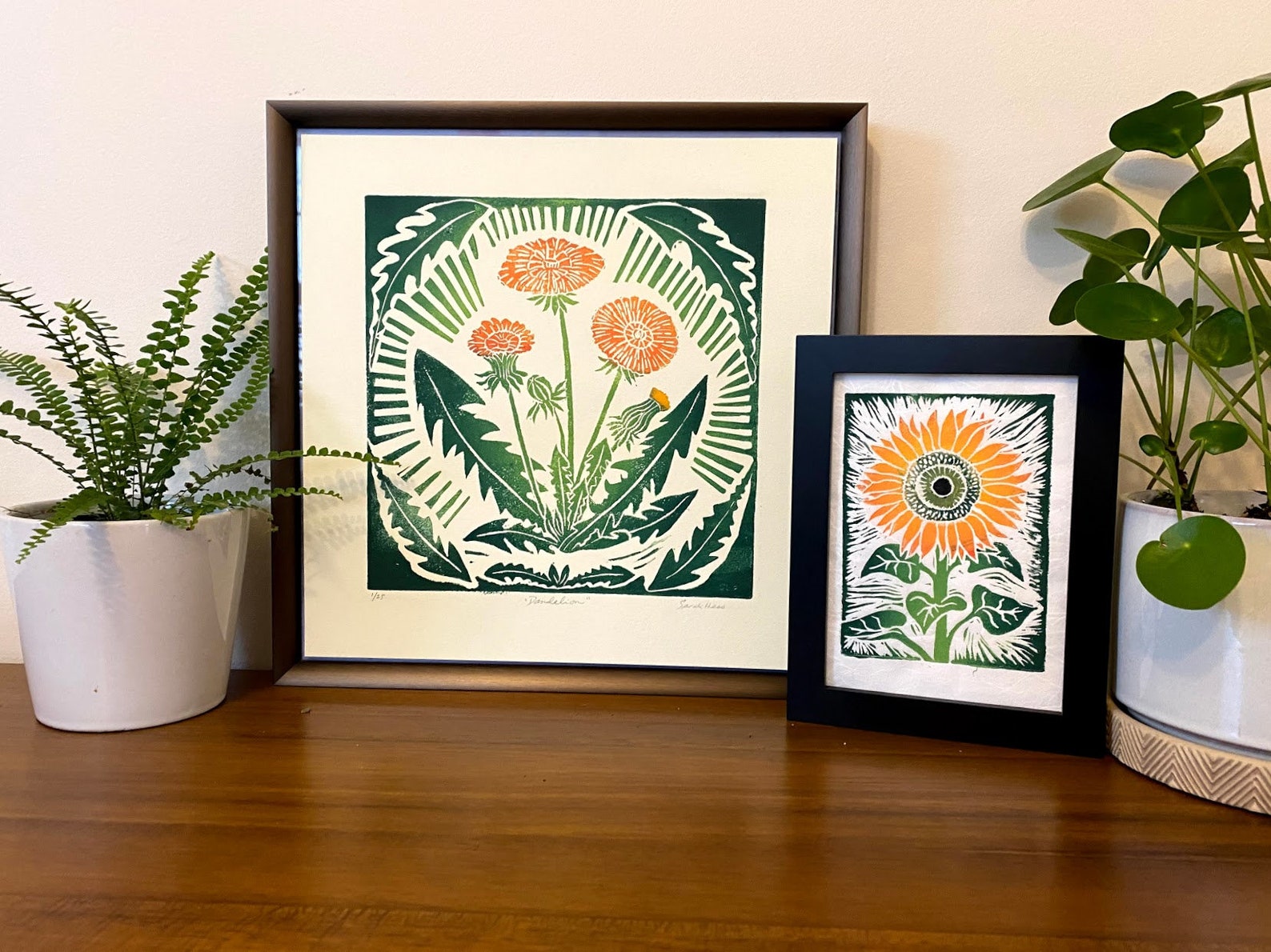 Sunflower Block Print With Mat Linocut Floral Art | Etsy