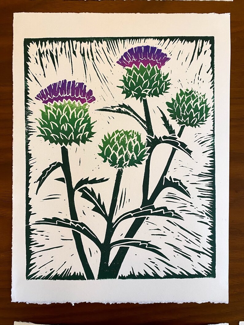 Ireland Thistle Block Print With Mat Botanical Print | Etsy