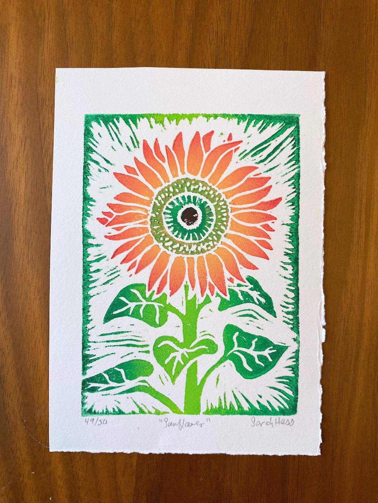 Sunflower - Block Print With Mat - Linocut - Floral Art - Botanical ...
