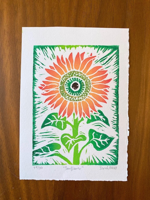 Sunflower Block Print With Mat Linocut Floral Art | Etsy
