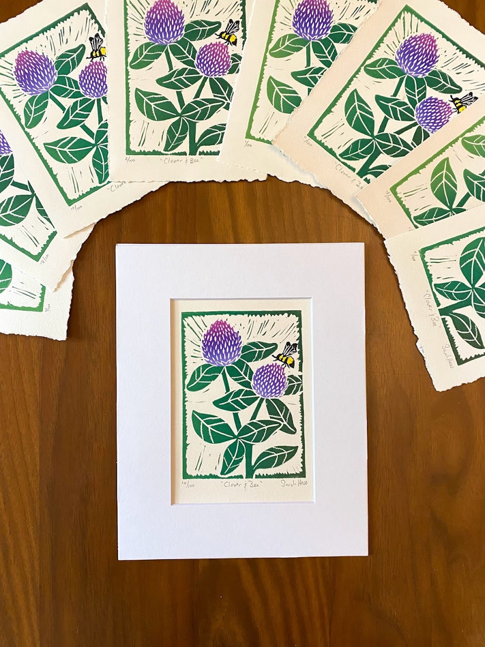 Clover & Bee - Flower Block Print - Linocut Art - Etsy