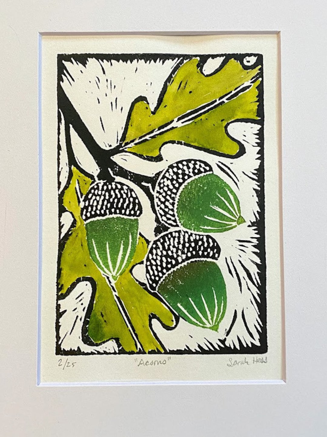 Acorns - Block Print - Linocut - Botanical Print - Matted Art- Colorful ...