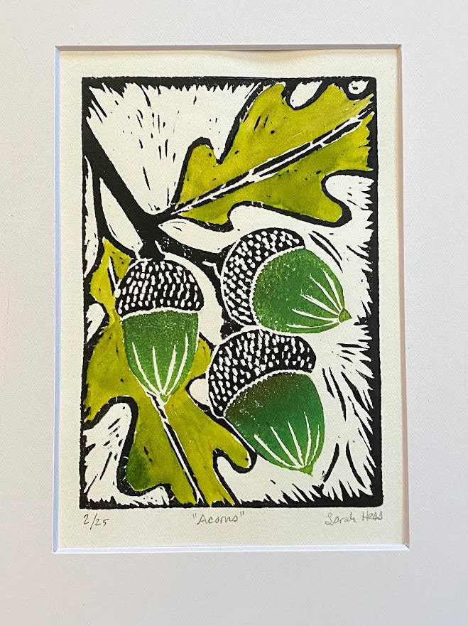 Acorns - Block Print - Linocut - Botanical Print - Matted Art- Colorful ...