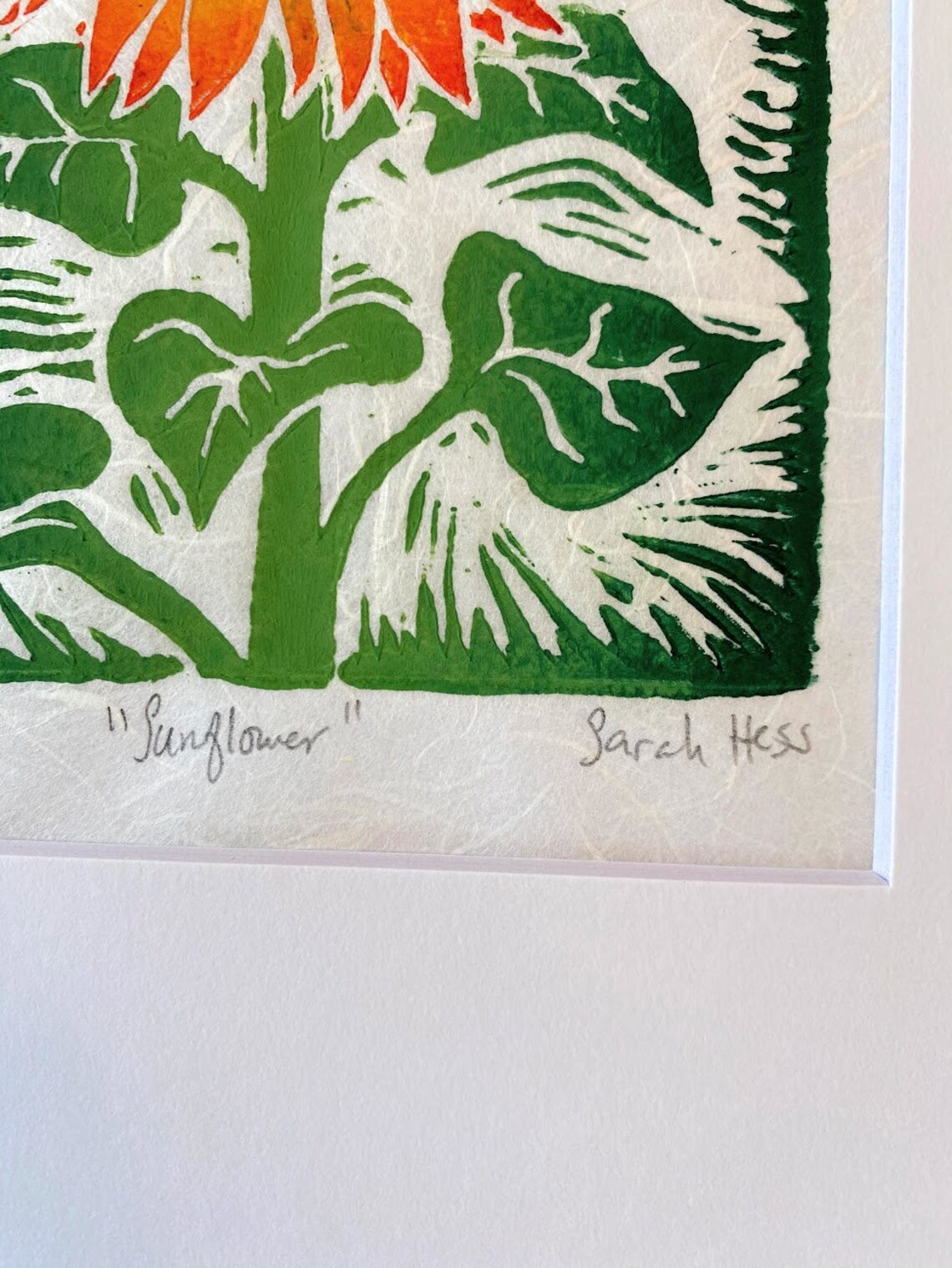 Sunflower Block Print with Mat Linocut Floral Art | Etsy