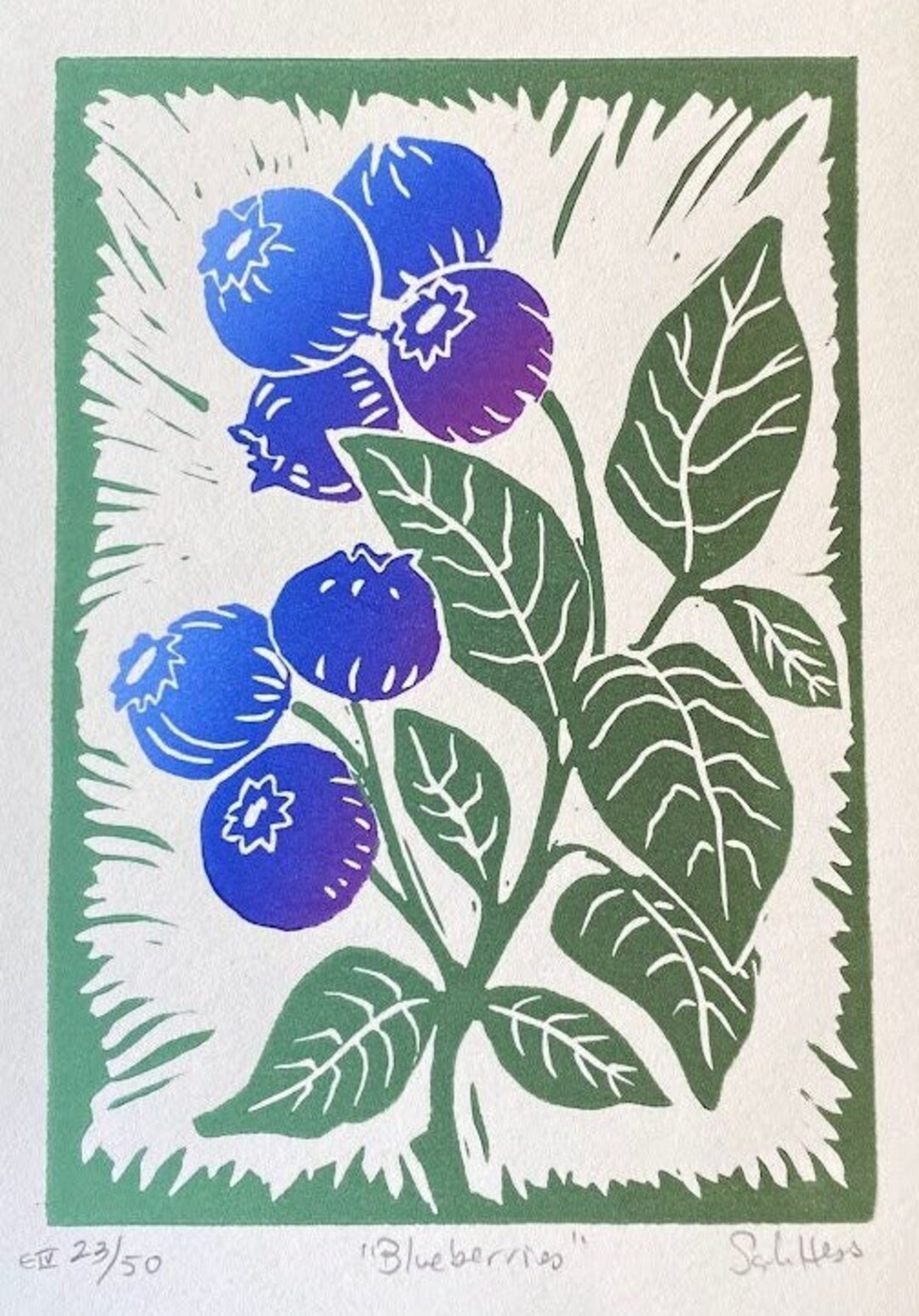 Blueberries Block Print - Colorful Linocut Print - Etsy