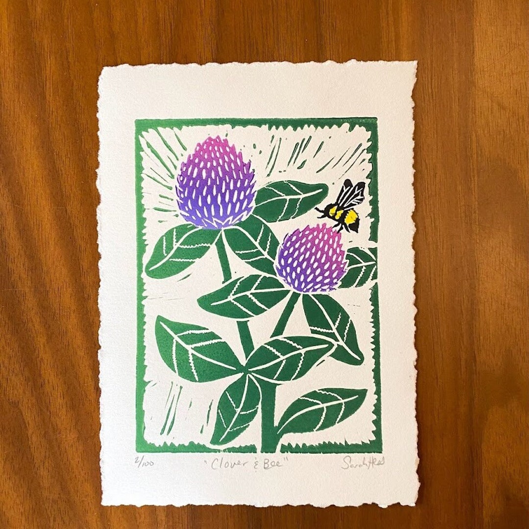 Clover & Bee - Flower Block Print - Linocut Art - Etsy